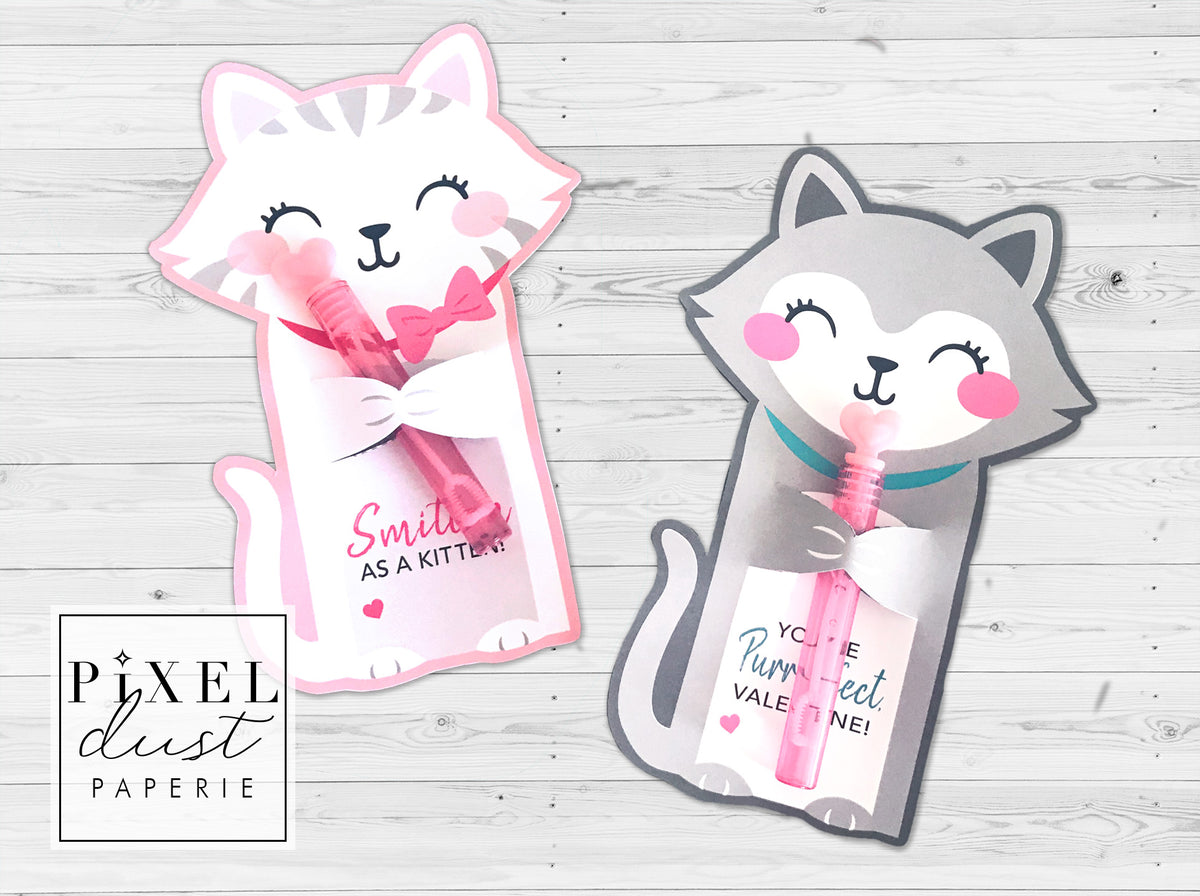 Cat, Kitten Printable Valentine Treat Holder Cards – Pixeldust Designs