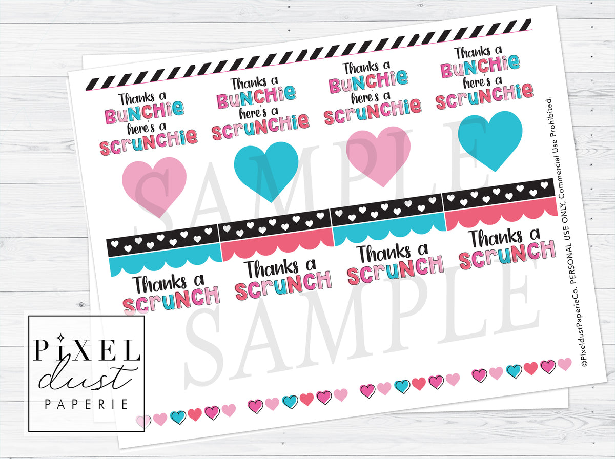 Scrunchie Thank You Cards, Girl's Birthday Party Favors, Printable Fil ...