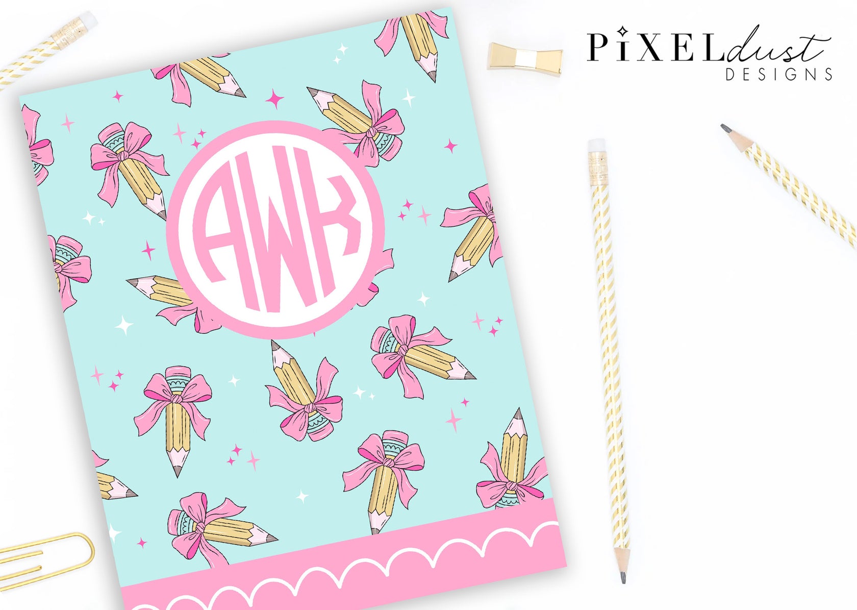 Cute Pink Bow Pencil Personalized Binder Cover Set – Pixeldust Designs