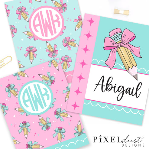 Cute Pink Bow Pencil Personalized Binder Cover Set – Pixeldust Designs