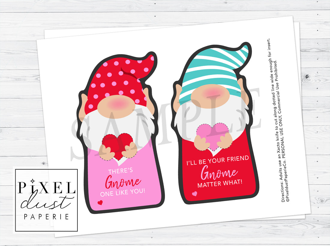 Garden Gnome Printable Valentine Treat Holder Cards – Pixeldust Designs