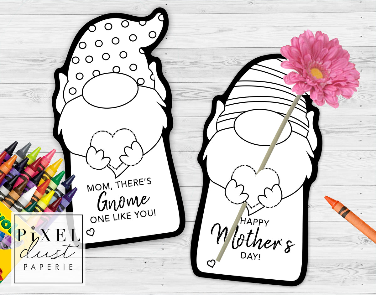 Garden Gnome Printable Mother's Day Treat Holder Card, Coloring Sheet ...