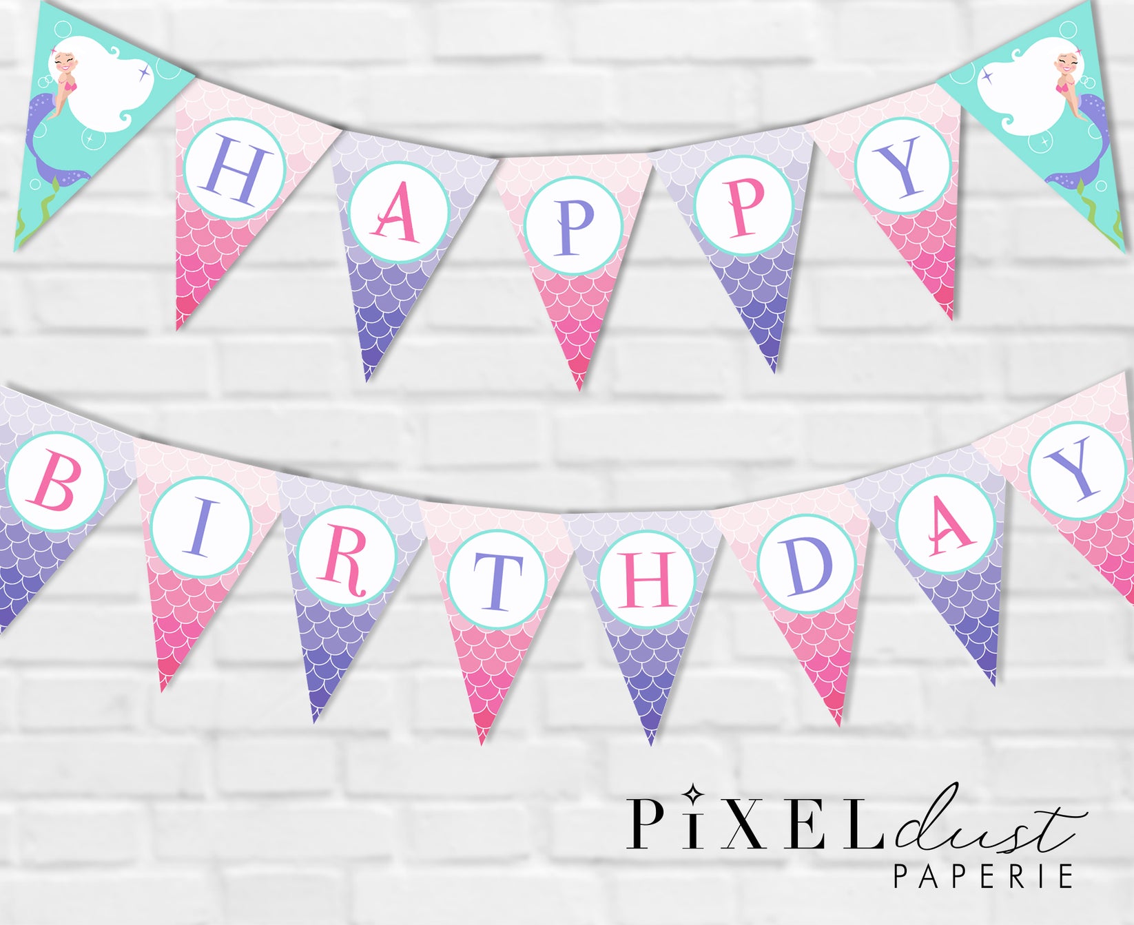 Mermaid 'Happy Birthday' Printable Birthday Party Pennant Banner ...