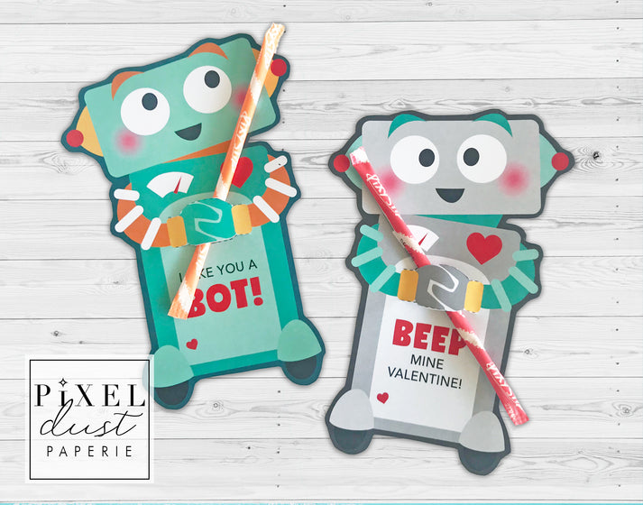 Robot Printable Valentine Treat Holder Cards for Kids – Pixeldust Designs