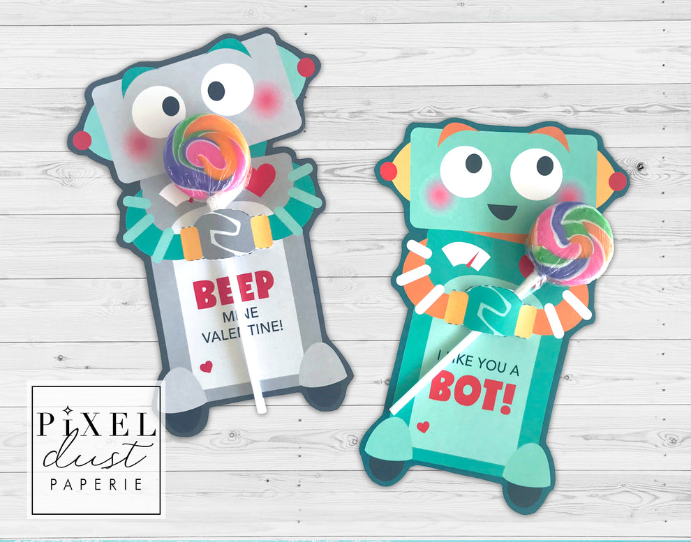 Robot Printable Valentine Treat Holder Cards for Kids – Pixeldust Designs