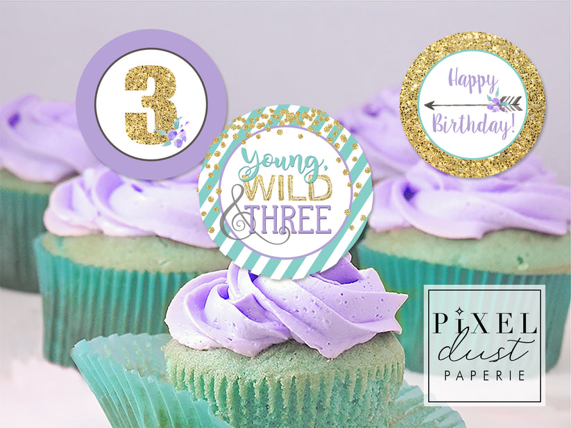 Young, Wild & THREE Purple Printable Birthday Party Cupcake Toppers ...